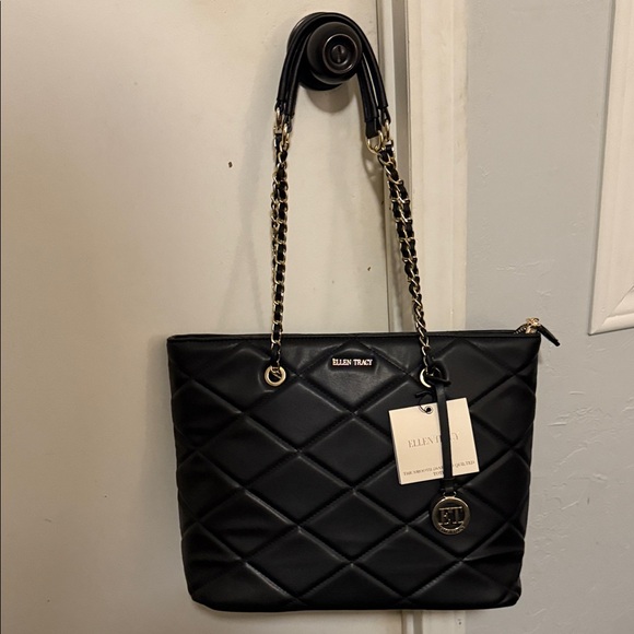 Ellen Tracy | Bags | Ellen Tracy Black Quilted Tote With Gold Accents ...